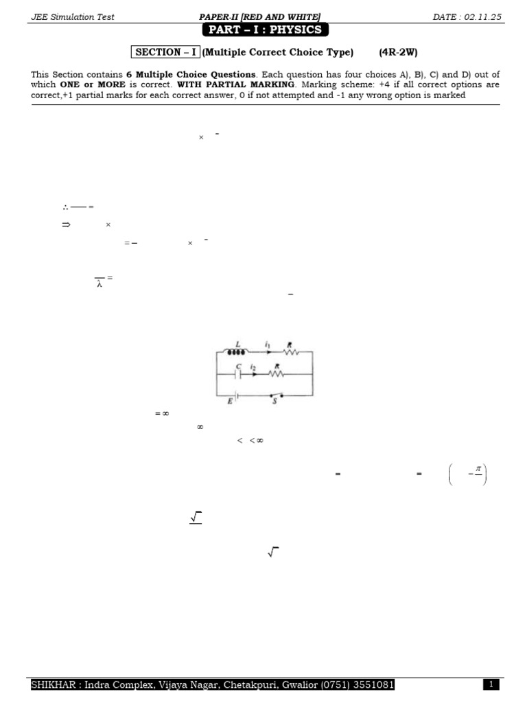 JEE Adv. PCM Mega Test Paper-II Red and White (With Answers) 02.10.25 ...
