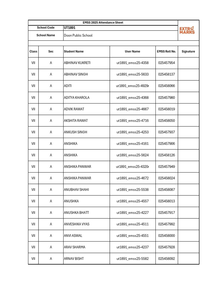 EMSS 2025 Attendance Sheet VII-VIII | PDF