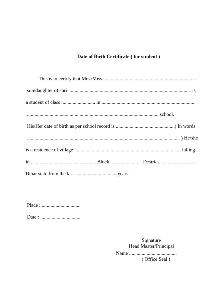Student Date of Birth Certificate Template | PDF