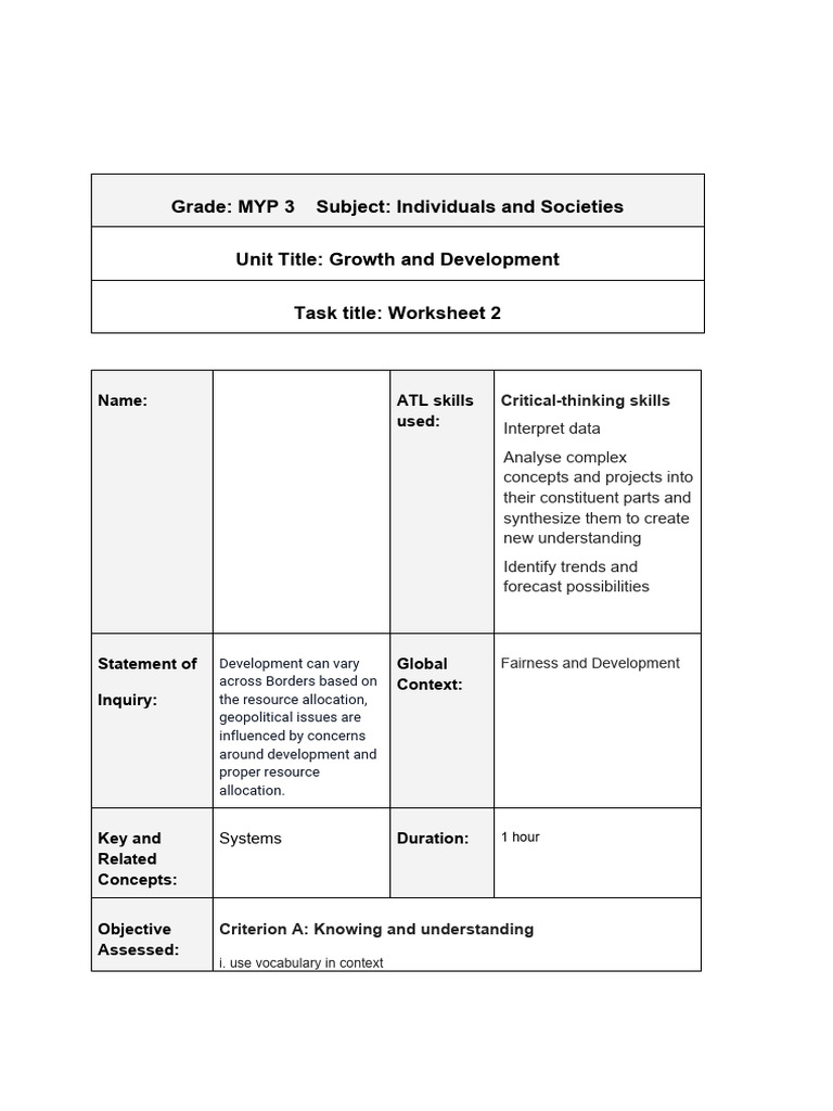 MYP3 Unit2 Worksheet 2 1 PDF | PDF | Critical Thinking | Cognition