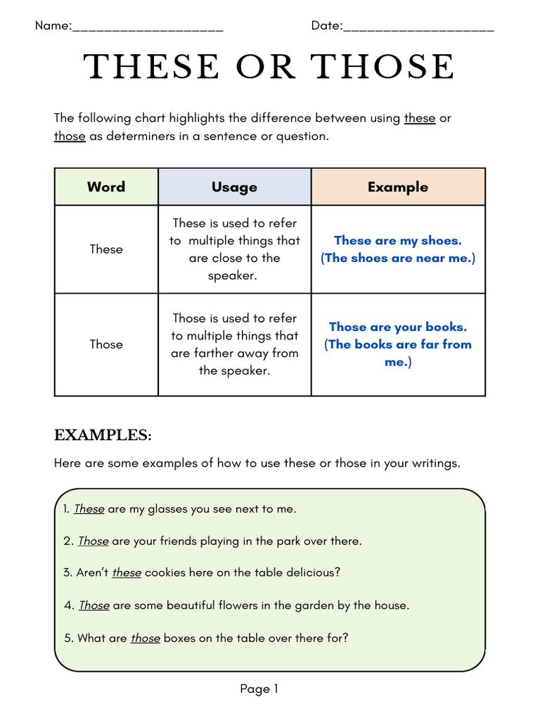 These or Those Grammar Worksheet in Clean Black and White Boxed Style | PDF