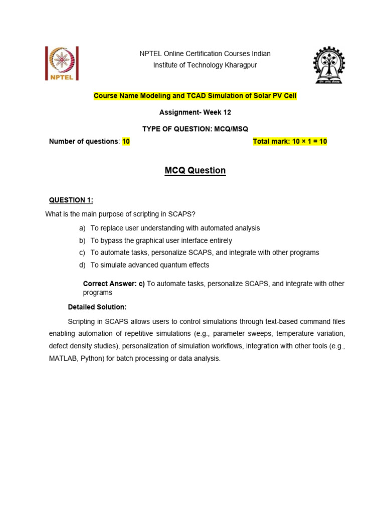 Noc25-Ee132 Modeling and TCAD Simulation of Solar PV Cell - Assignment ...