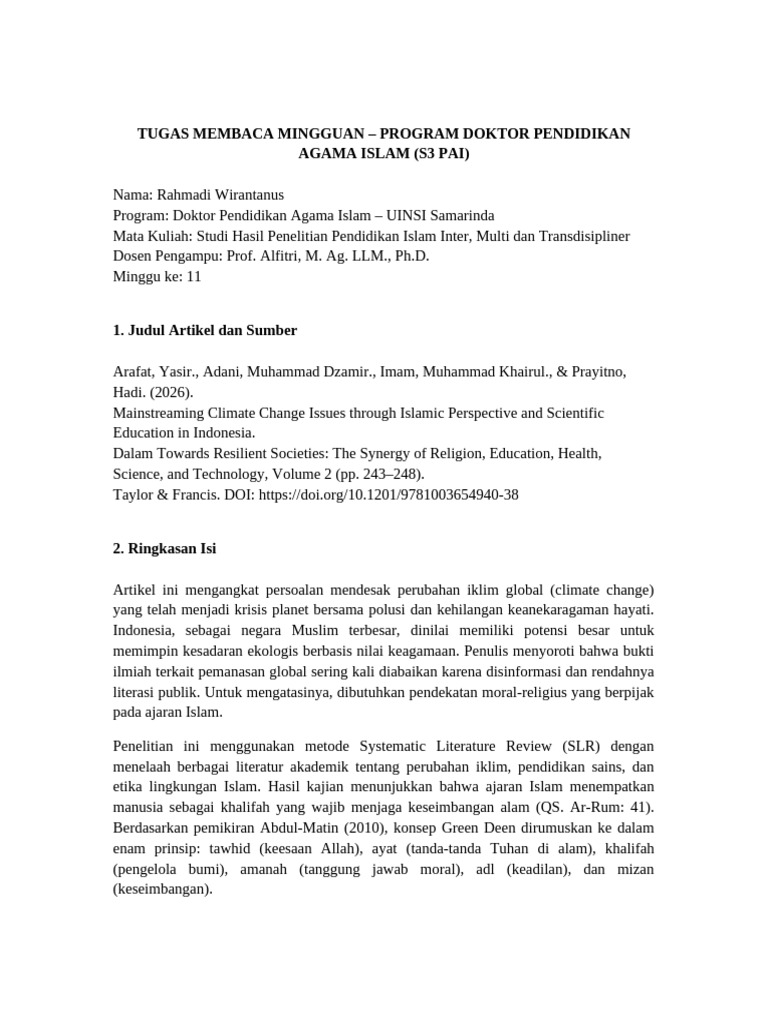 Tugas Reviw Pendidikan Islam & Perubahan Iklim Rahmadi Wirantanus | PDF