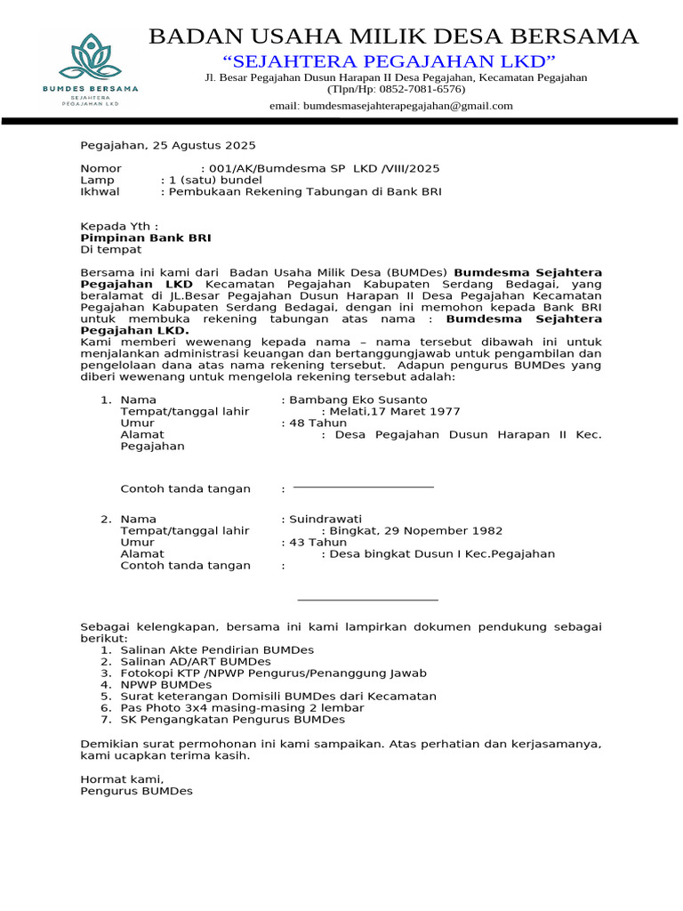 Surat Permohonan Bank BRI | PDF