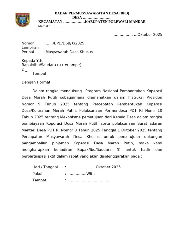 1. Contoh UNDANGAN MUSDES KHUSUS KOPDES MP 2025 | PDF