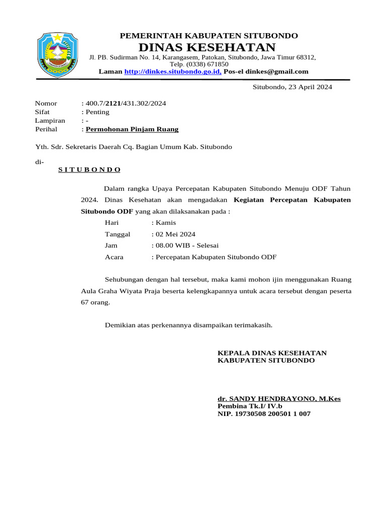 Permohonan Pinjam Ruang Aula ODF Situbondo | PDF