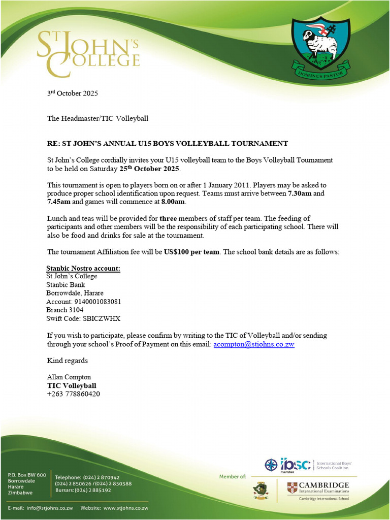 ST John's College U15 Volleyball Tournament - Invitation Letter 2025 | PDF