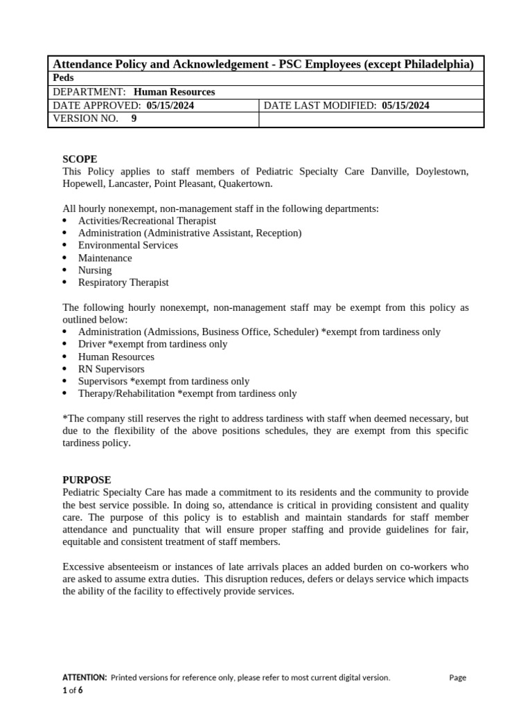 PSC Attendance Policy for Employees | PDF | Workweek And Weekend | Business