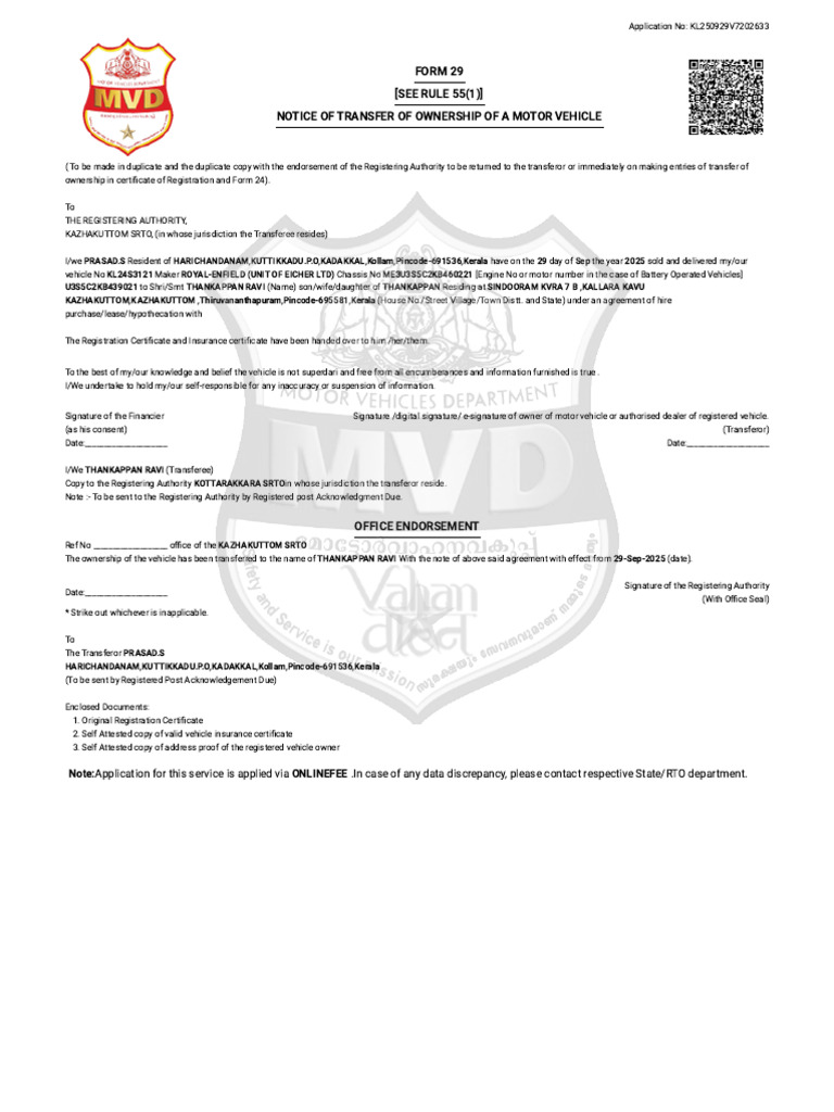 Motor Vehicle Ownership Transfer Notice | PDF | Transport | Vehicles