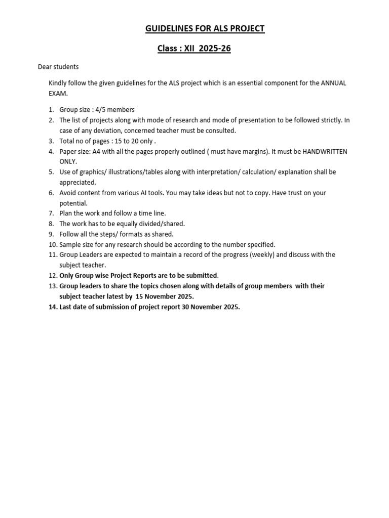 ALS Project Guidelines for Class XII | PDF