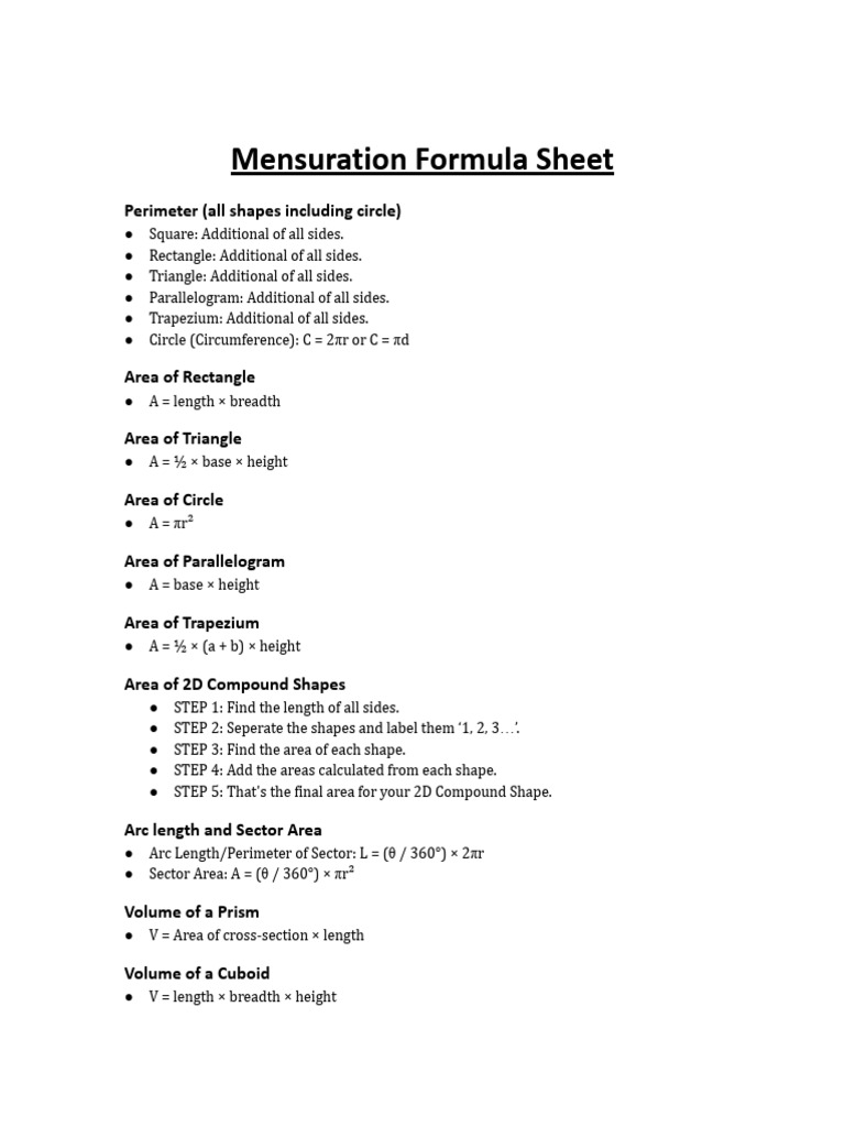 Mensuration Formulas | PDF
