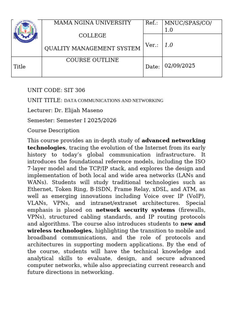 SIT 306: Data Communications Course Outline | PDF | Computer Network ...