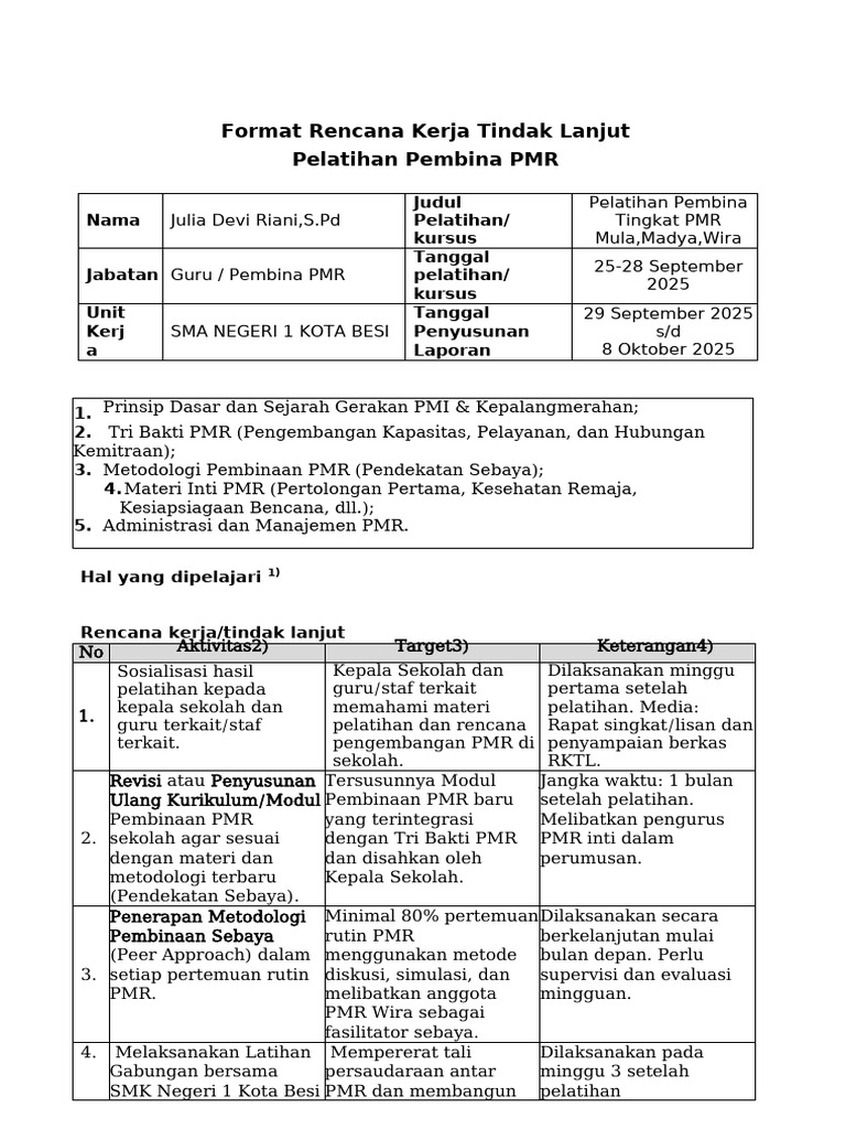 Rencana Kerja Pembinaan PMR SMA Kota Besi | PDF