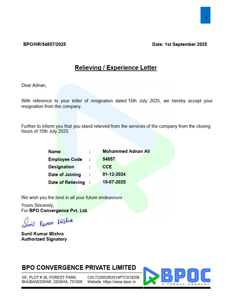BPO Convergence Relieving Letter Template | PDF
