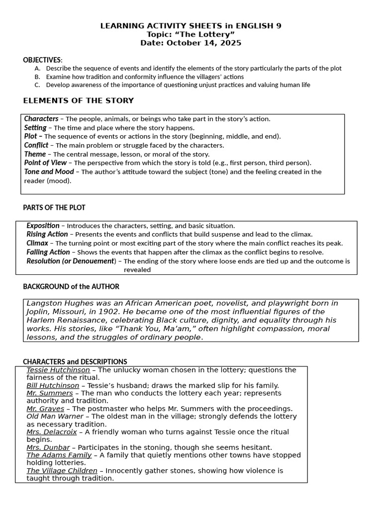 Activity Sheets in The Lottery | PDF | Plot (Narrative)