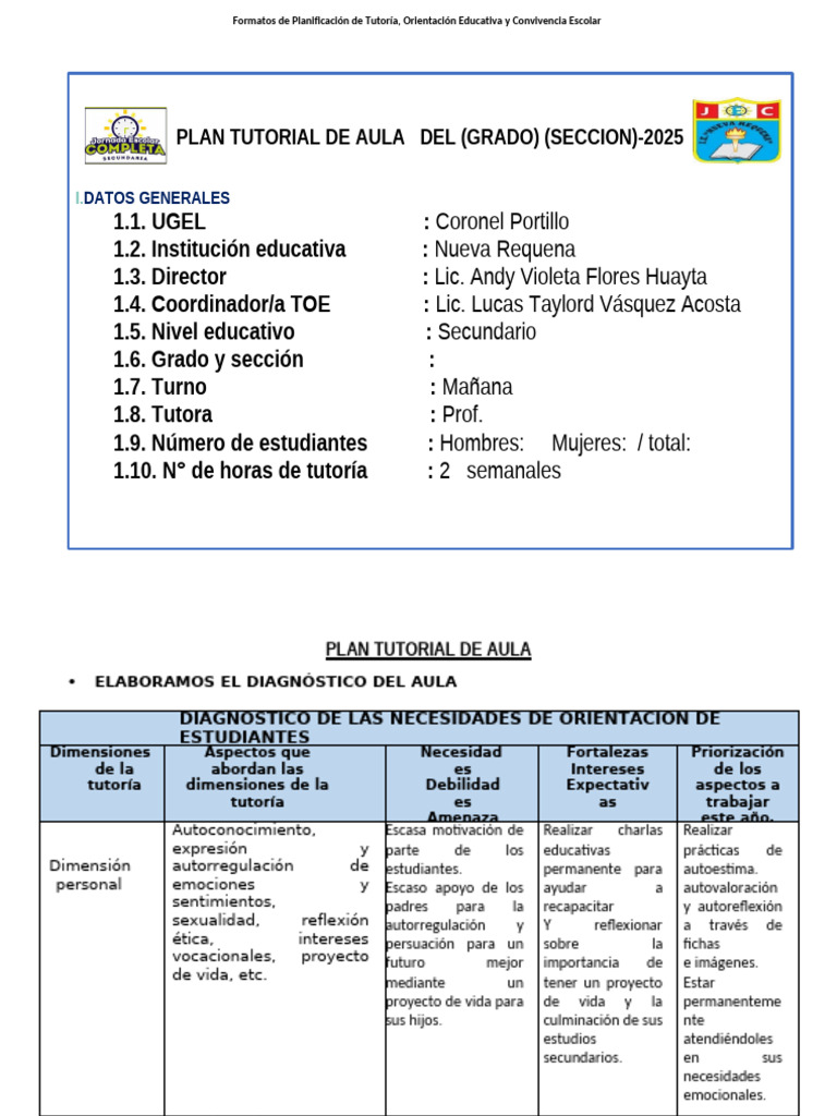 Plan Tutorial de Aula Modelo 2025 - Actualizado | PDF | Aprendizaje ...