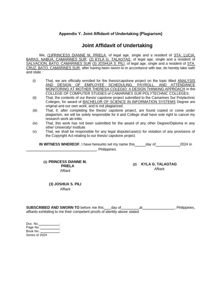 Joint Affidavit of Undertaking 1 | PDF