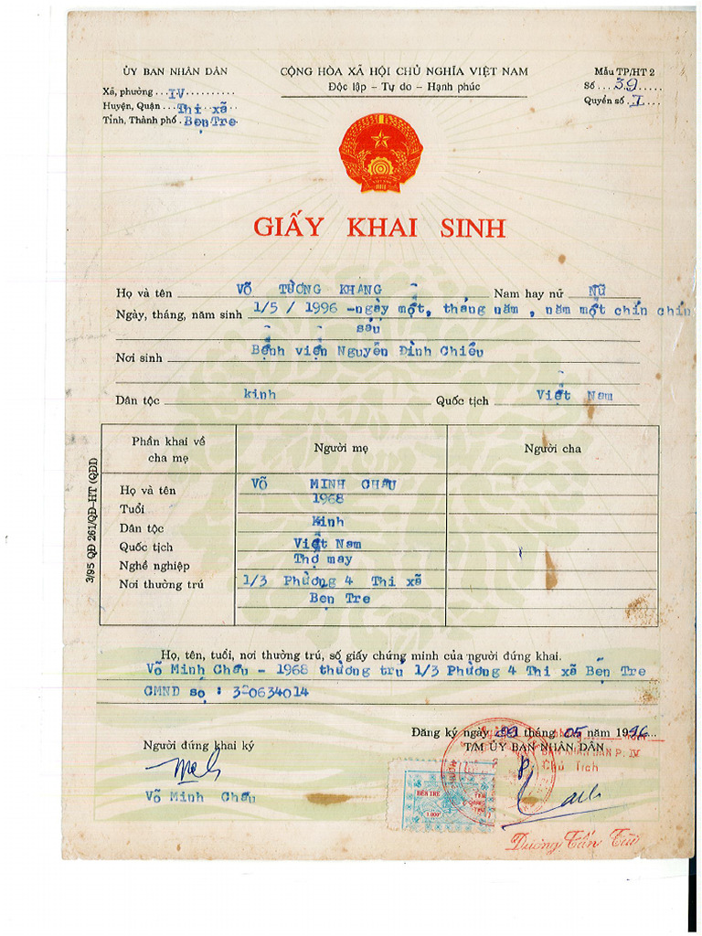 Khai Sinh - Hộ Tịch - Birth Cer | PDF
