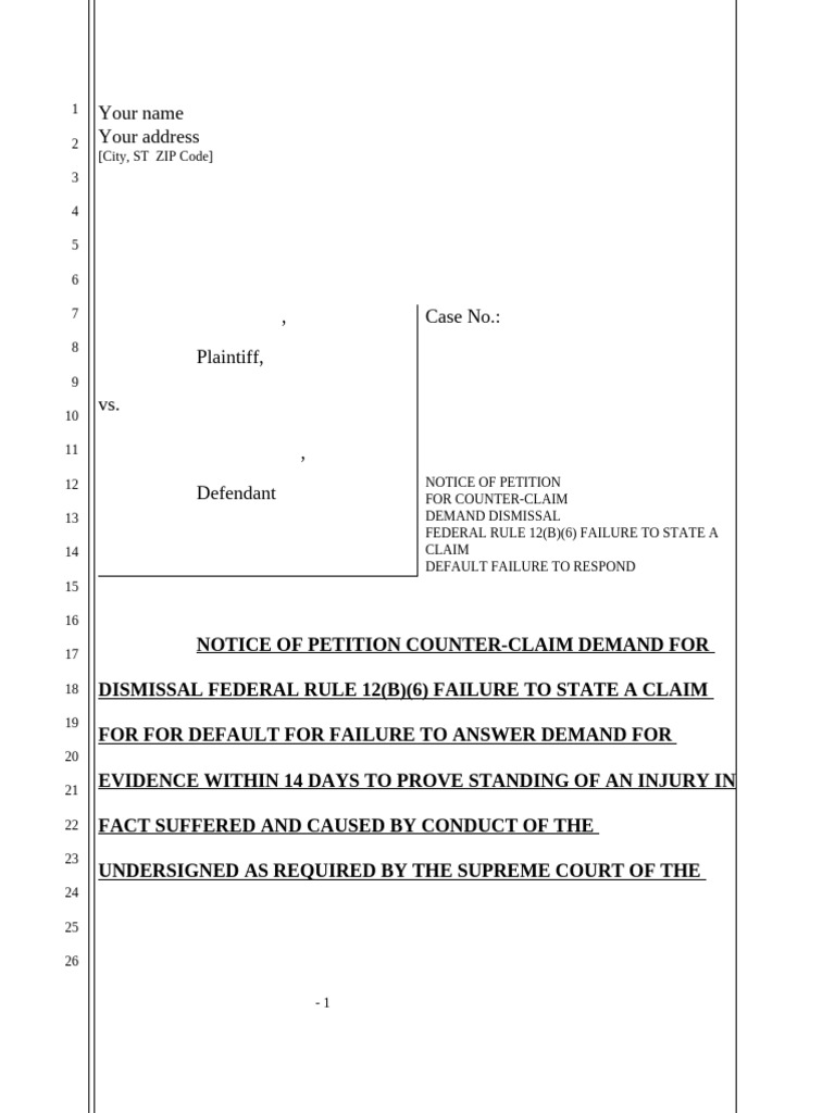 Petition Counterclaim Demand For Dismissal Default Failure To State A ...
