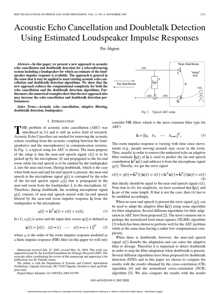 Acoustic Echo Cancellation and Double Talk Detection | PDF | Loudspeaker | Algorithms