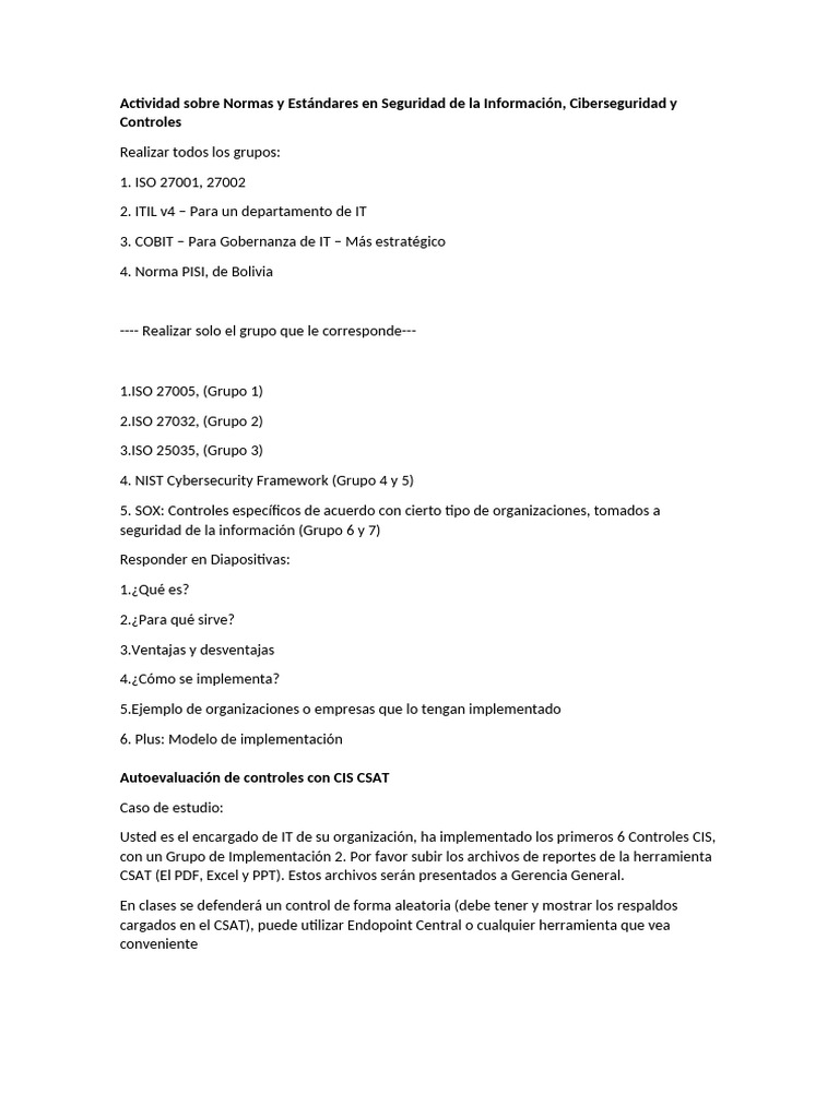Actividad: Evaluación e Implementación de Controles Internos con CIS CONTROLS y CSAT | PDF ...