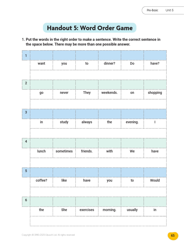 Prebasic Handout 5 Word Order Game Unit 5 | PDF