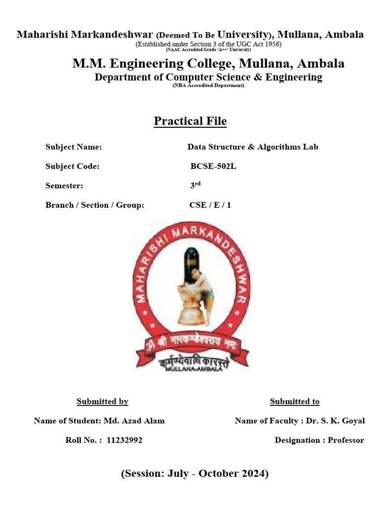 Cover Page for Data Structure & Algorithms Lab (3E1) (1) | PDF