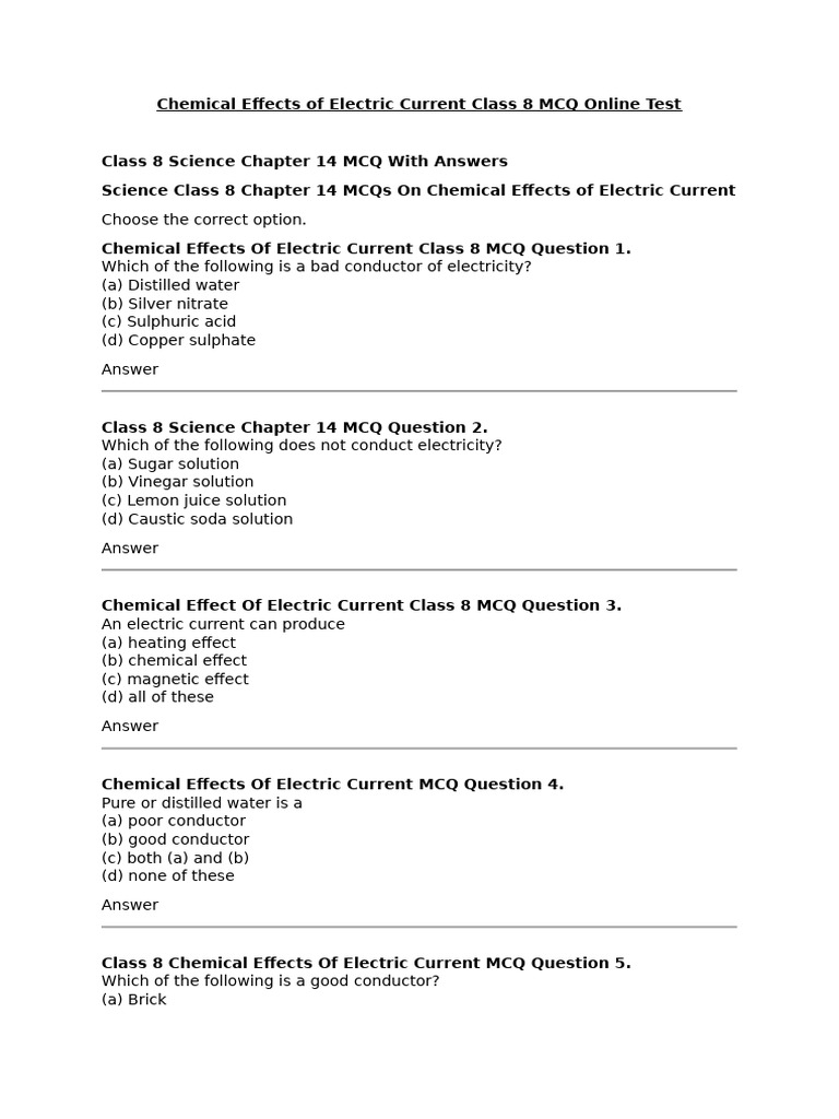 Class 8 MCQs on Electric Current Effects | PDF | Electric Current | Rust
