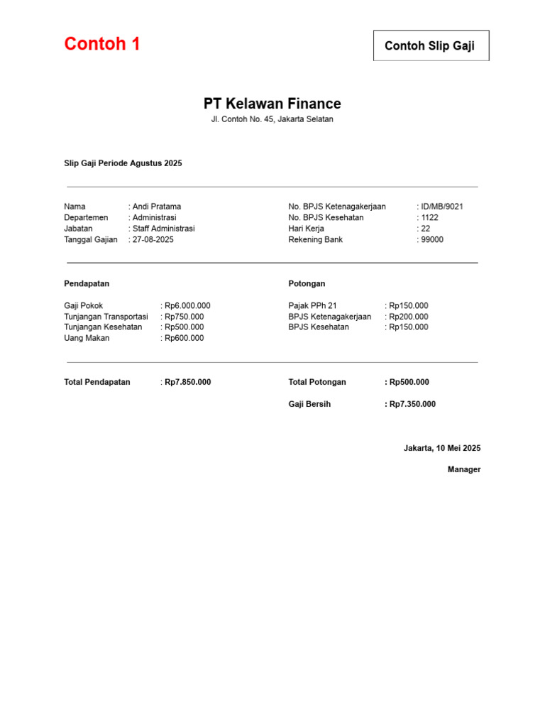 Contoh Slip Gaji Karyawan 2025 | PDF