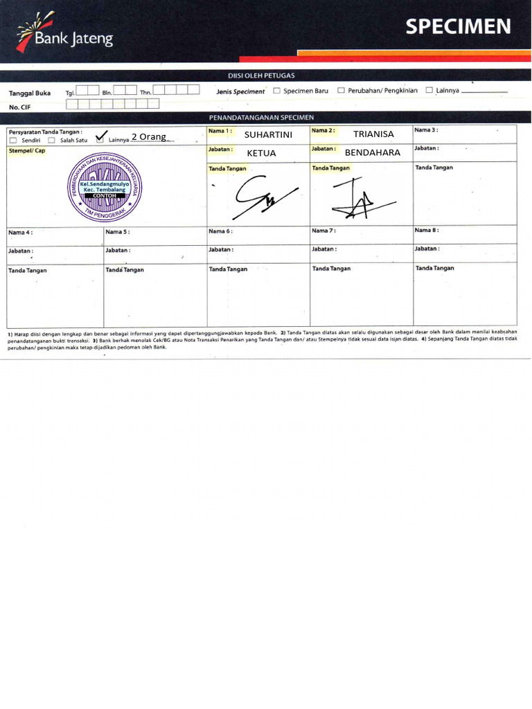 Contoh Form Pembukaan Rekening PKK RT & RW Dan Specimen | PDF
