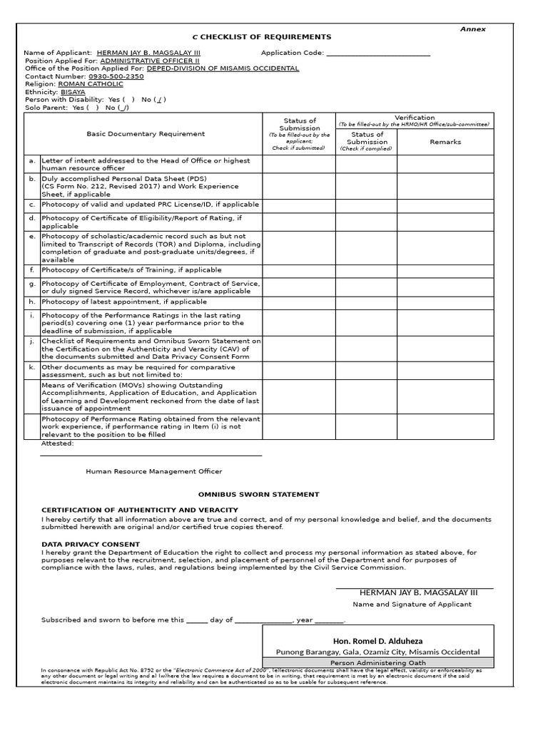 Annex C-Checklist of Requirements and Omnibus Sworn Statement Herman Jay | PDF | Authentication ...