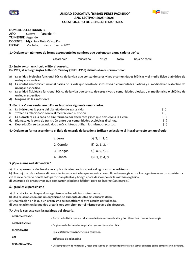 Cuestionario de CCNN 8vo Año 2025 Del 2do Trimestre | PDF | Ciclo del carbono | Contaminación
