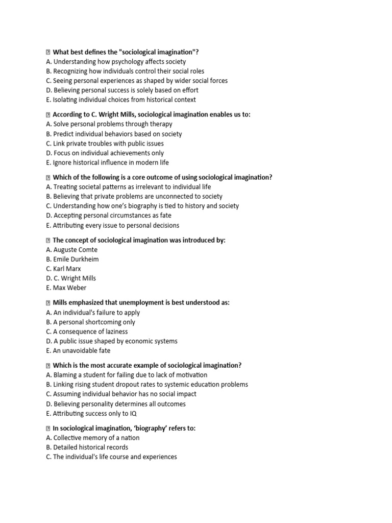 Question Bank - Sociological Imagination | PDF | Sociology | Society