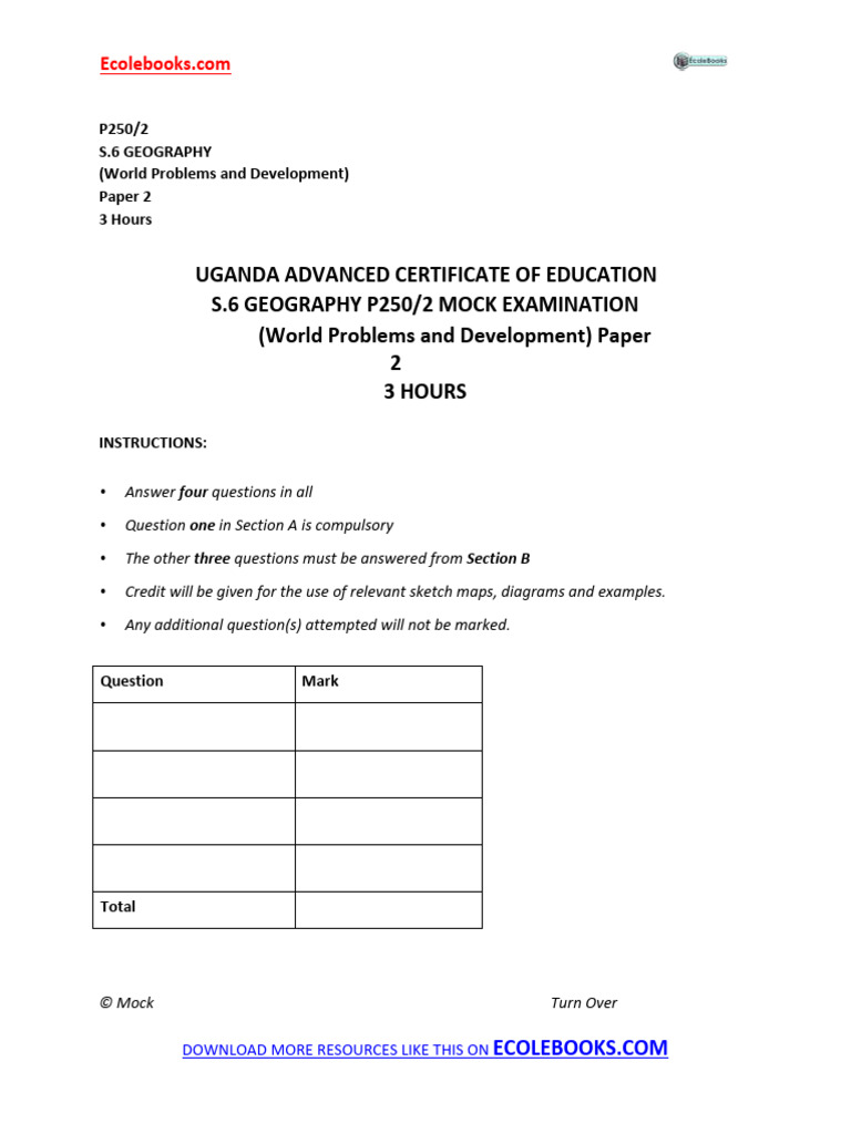Uganda S.6 Geography Mock Exam Guide | PDF
