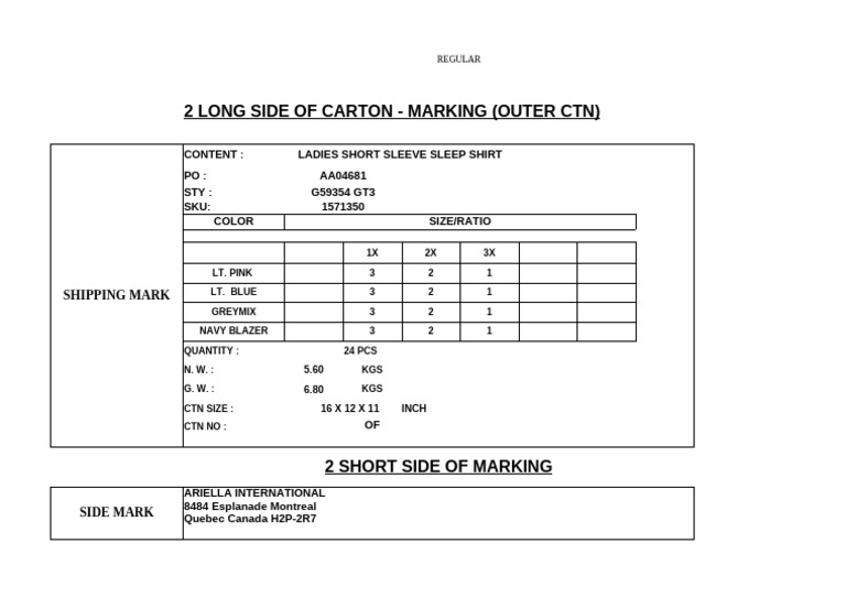 GT Carton-Shipping Mark STY G59354 GT3 | PDF