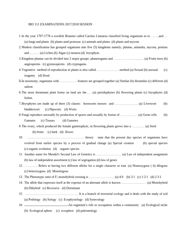 Bio 111 Exam Adamu & DD - 090338 | PDF | Dominance (Genetics) | Plants