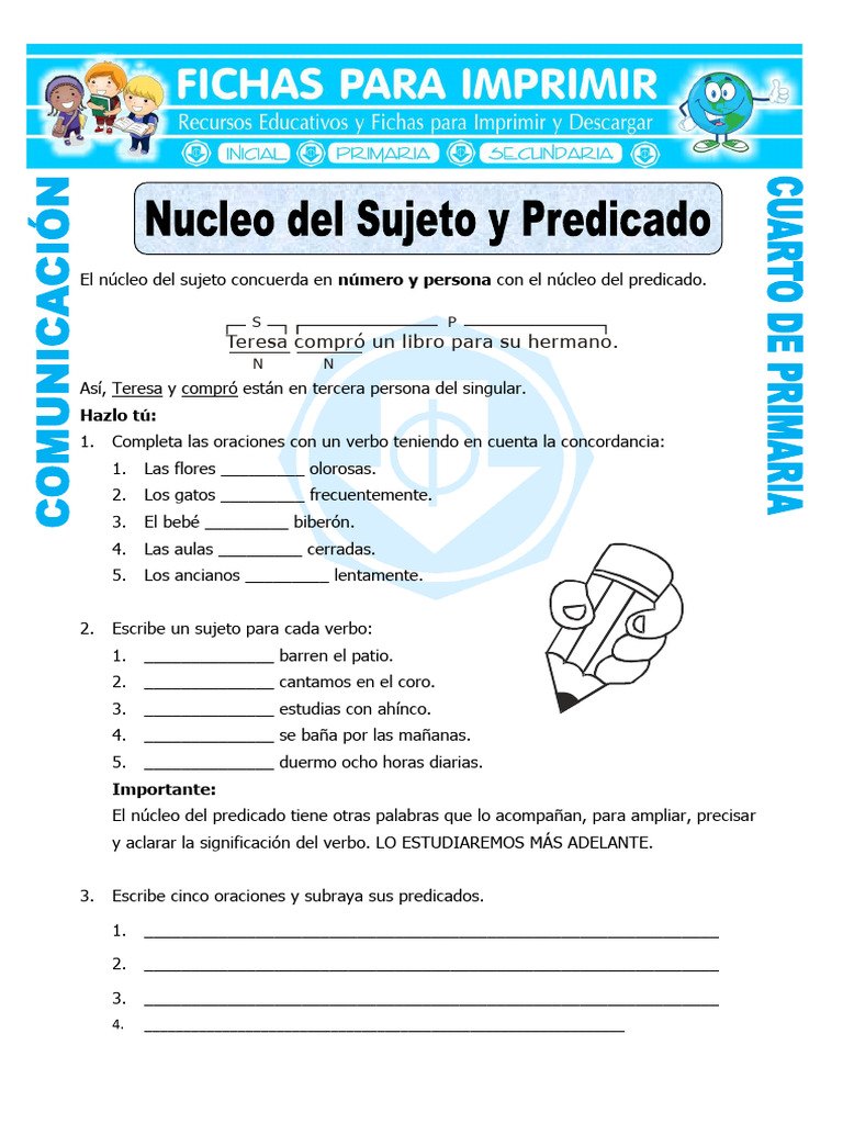 Ficha Sujeto y Predicado para Cuarto de Primaria | PDF | Asunto ...