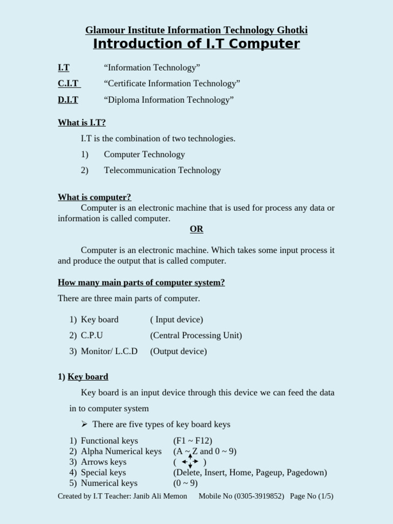IT Basics at Glamour Institute Ghotki | PDF | Byte | Read Only Memory