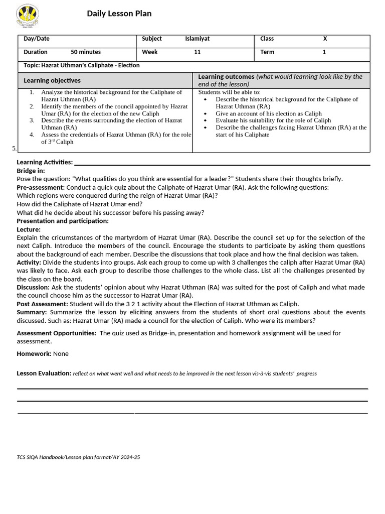 Islamiyat Lesson Plan: Hazrat Uthman-Election | PDF | Umar | Caliphate