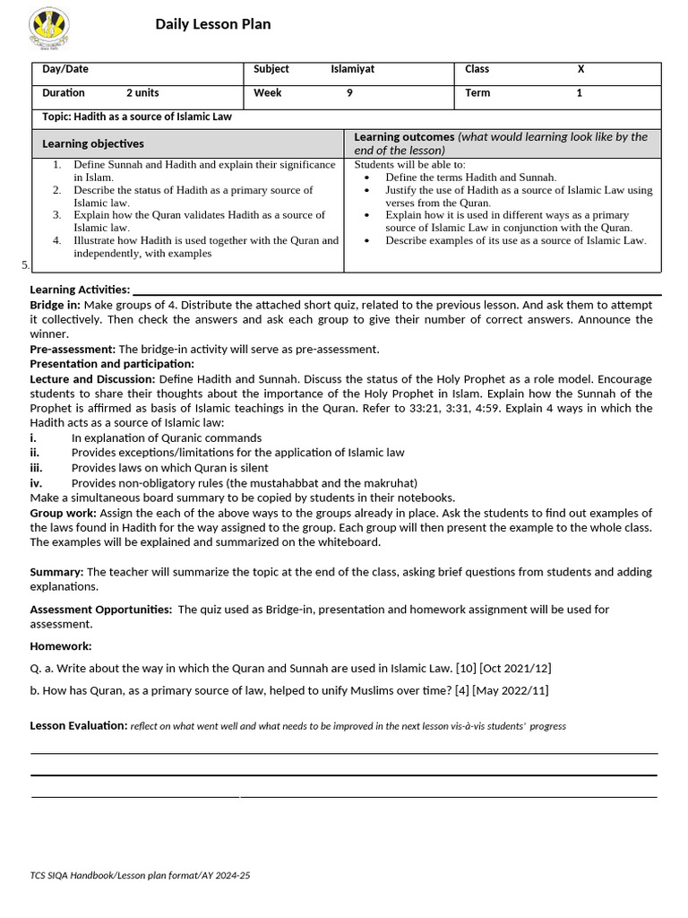 Hadith as Islamic Law Source Lesson Plan | PDF | Hadith | Sharia