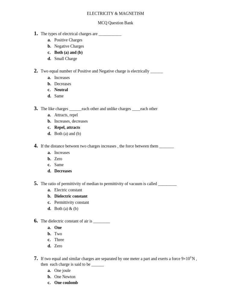 Electricity and Magnetism MCQ Bank | PDF | Electric Current | Magnetic ...