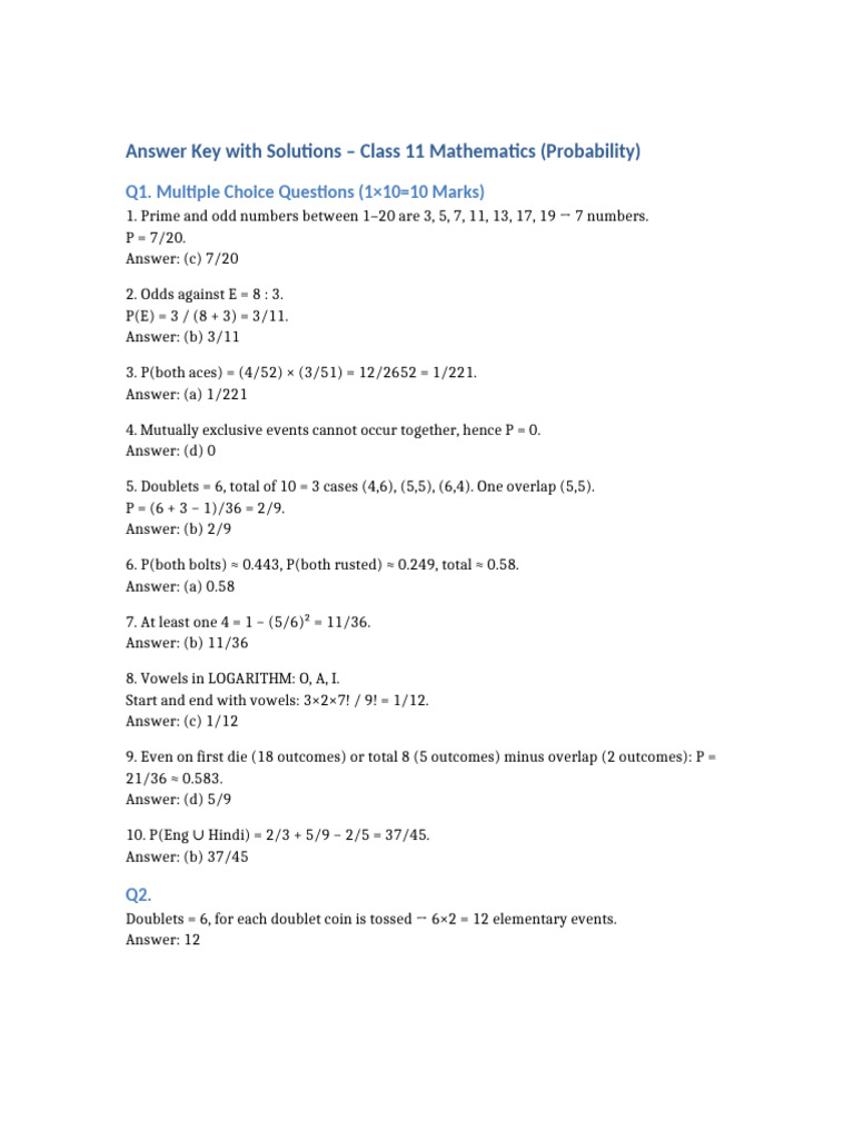 Class 11 Probability Answer Key | PDF