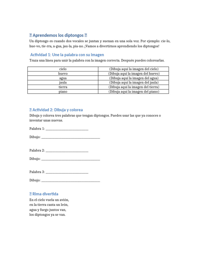 Hoja de Trabajo Diptongos 1grado | PDF