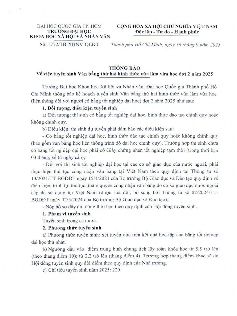 Ussh, Vnuhcm - Tb Tuyển Sinh Vb2 Vlvh đ2.2025 | PDF