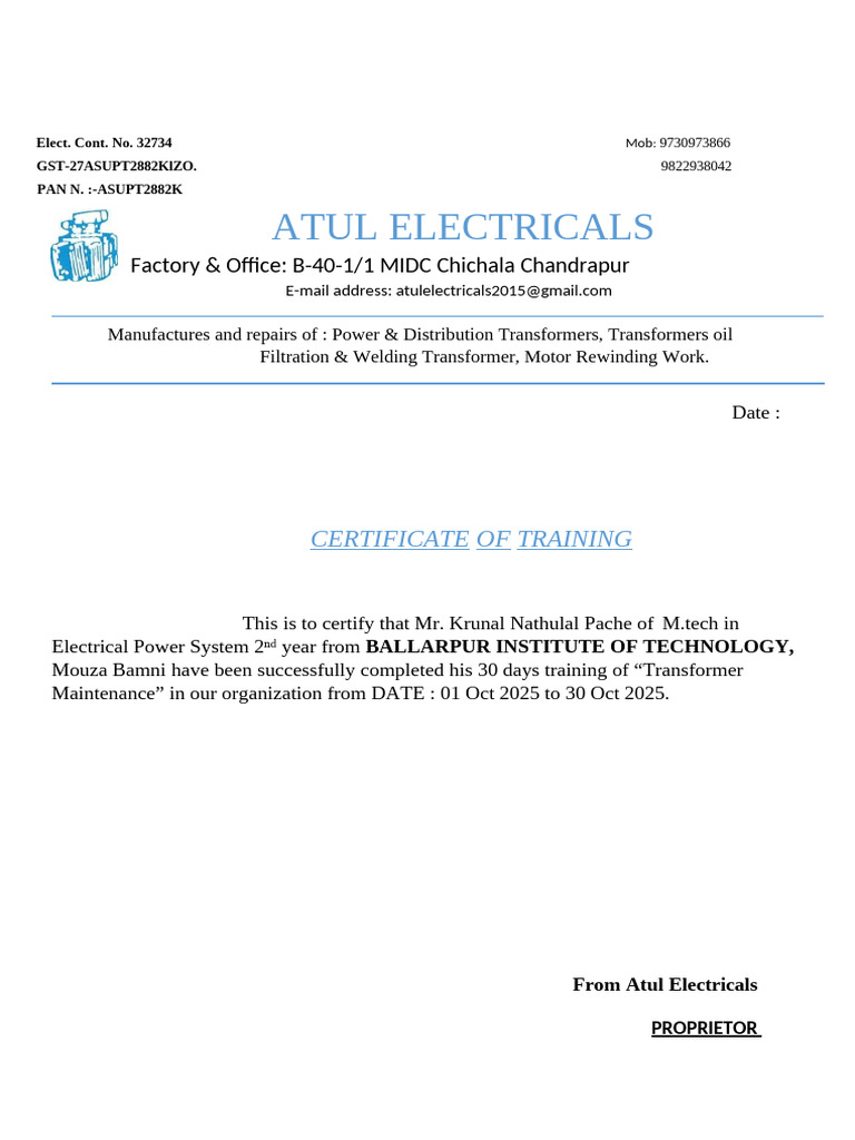Transformer Maintenance Training Certificate | PDF