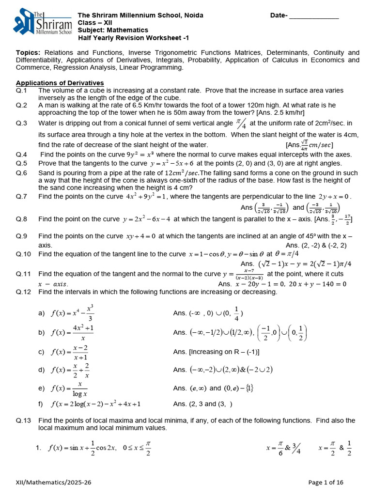 Maths Class 12 Revision Worksheet Isc | PDF | Area | Triangle