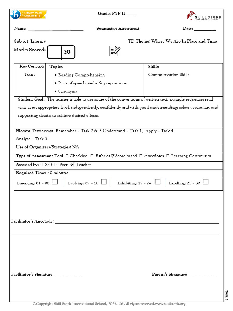PYP II Literacy Summative Assessment | PDF | Reading Comprehension ...