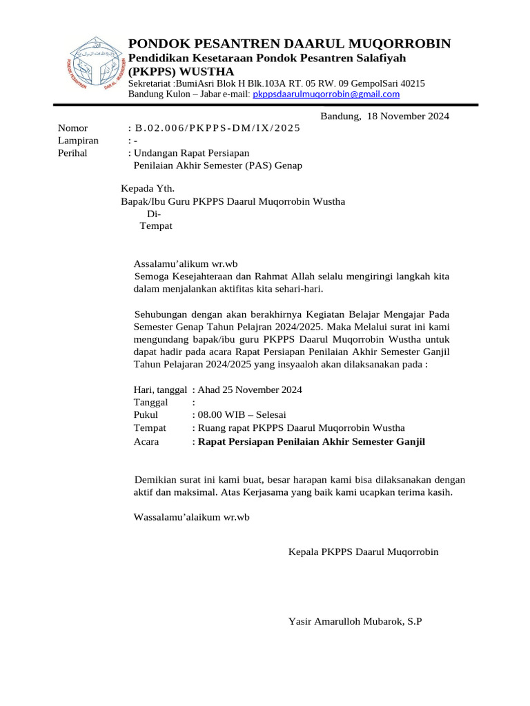 Rapat Persiapan PAS PKPPS Daarul Muqorrobin | PDF