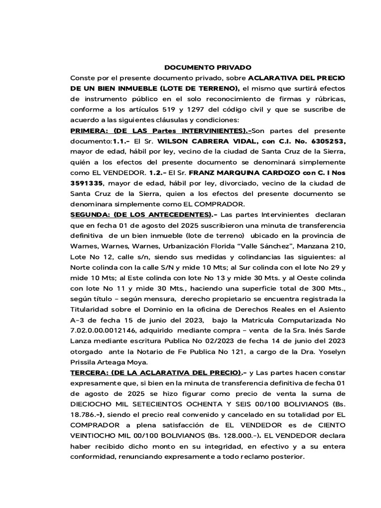 Documento Privado Marquina -Cabrera | PDF