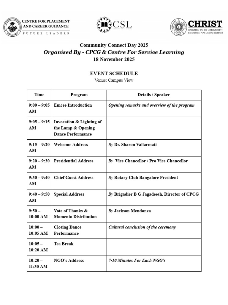 Community Connect Day Schudule Final | PDF